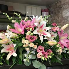 Pink Lily and Rose Casket Spray - Funeral Flowers Stems of Jedburgh